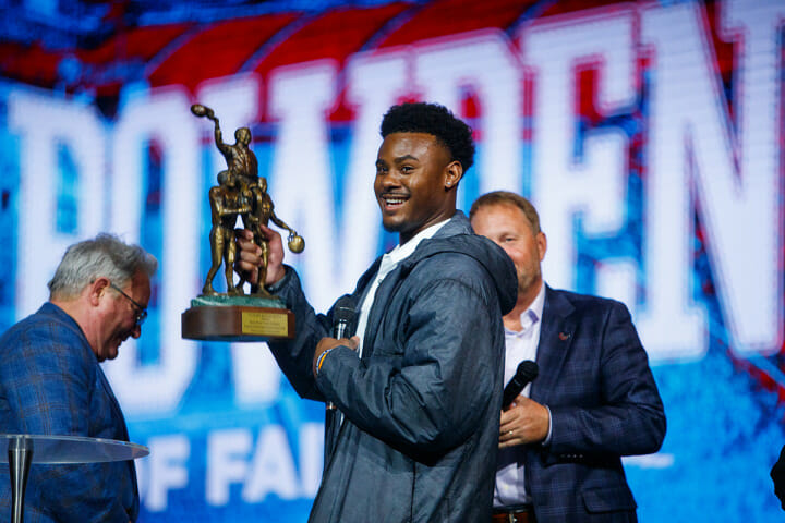 Malik Willis receives Bobby Bowden Trophy during ‘Faith & Football ...